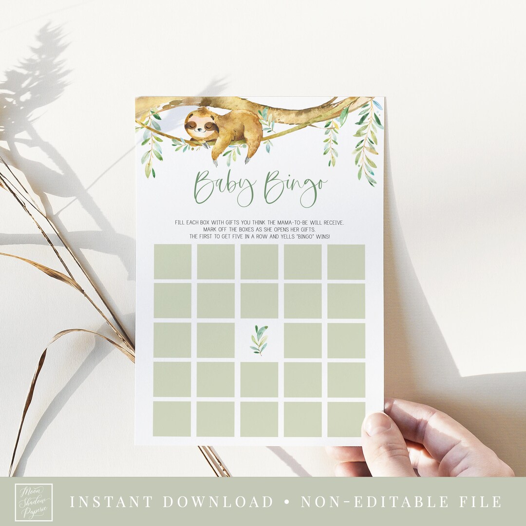 Baby Bingo Game // Sloth Baby Shower, Sloth Theme, Jungle Animal ...