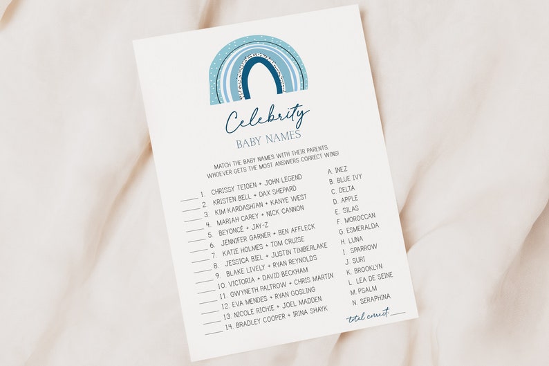 Celebrity Baby Names // Blue Rainbow Baby Shower Game, Blue Rainbow ...