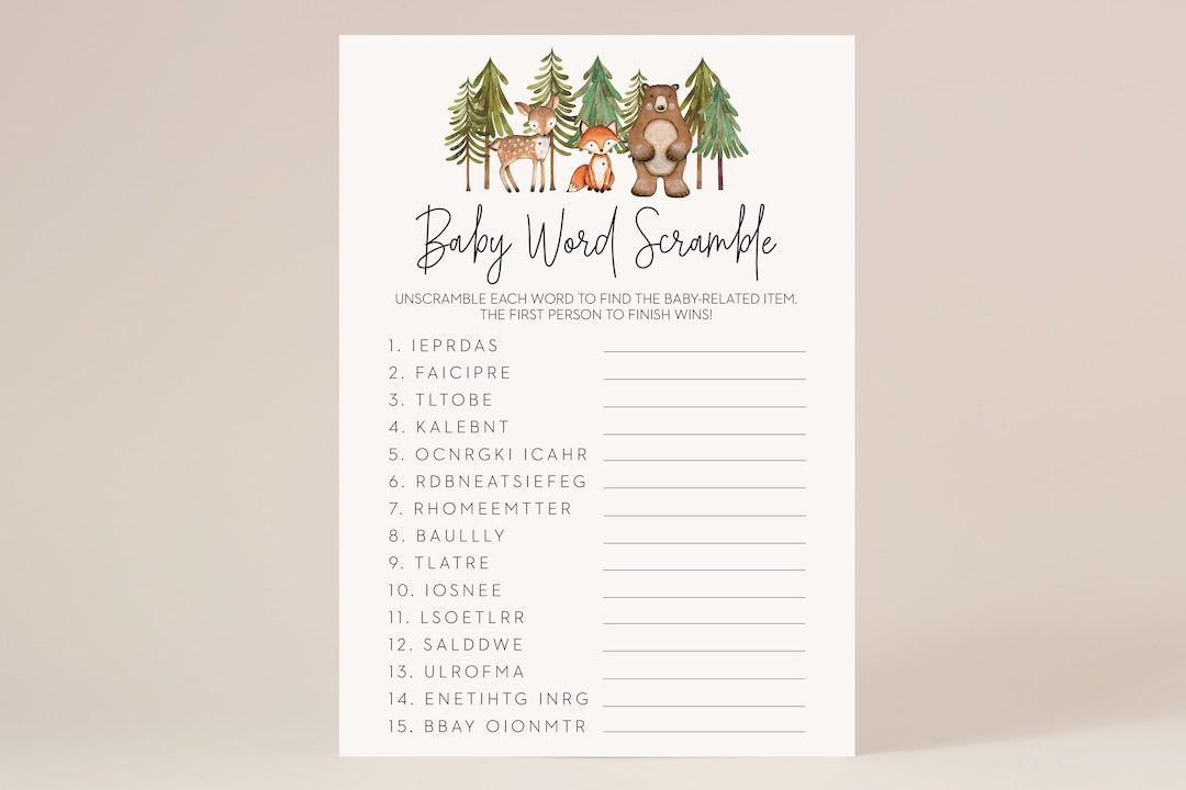 Baby Word Scramble Game // Woodland Baby Shower, Woodland Animals ...