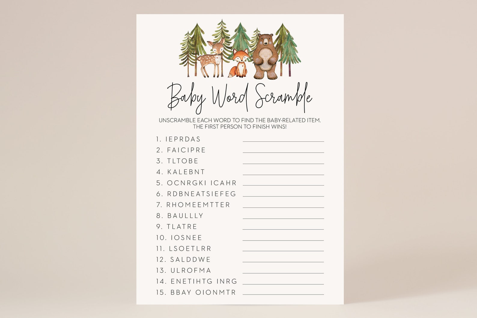 Baby Word Scramble Game // Woodland Baby Shower, Woodland Animals ...