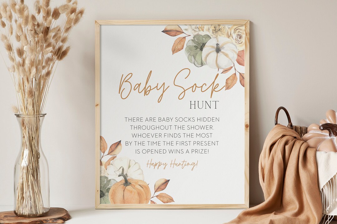 Printable Baby Sock Hunt Sign // Fall Baby Shower, Pumpkin, Fall Floral ...