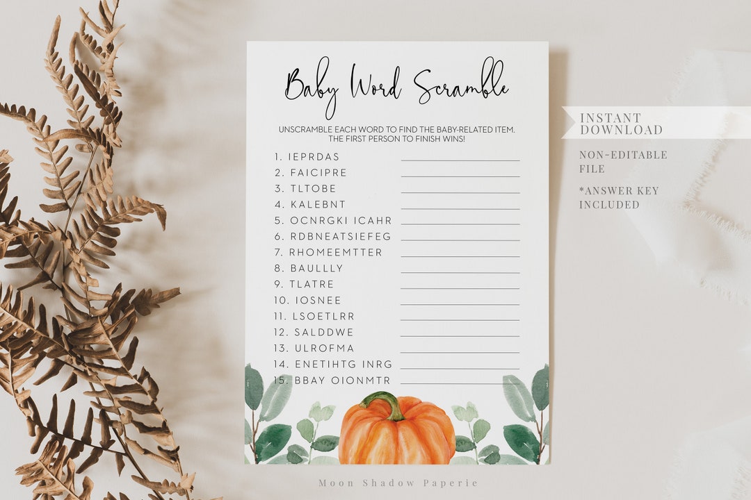 Baby Word Scramble Game // Pumpkin Baby Shower, Fall Autumn, Watercolor ...