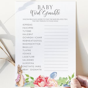 Baby Word Scramble Game // Peter Rabbit Baby Shower, Pink Peter Rabbit ...