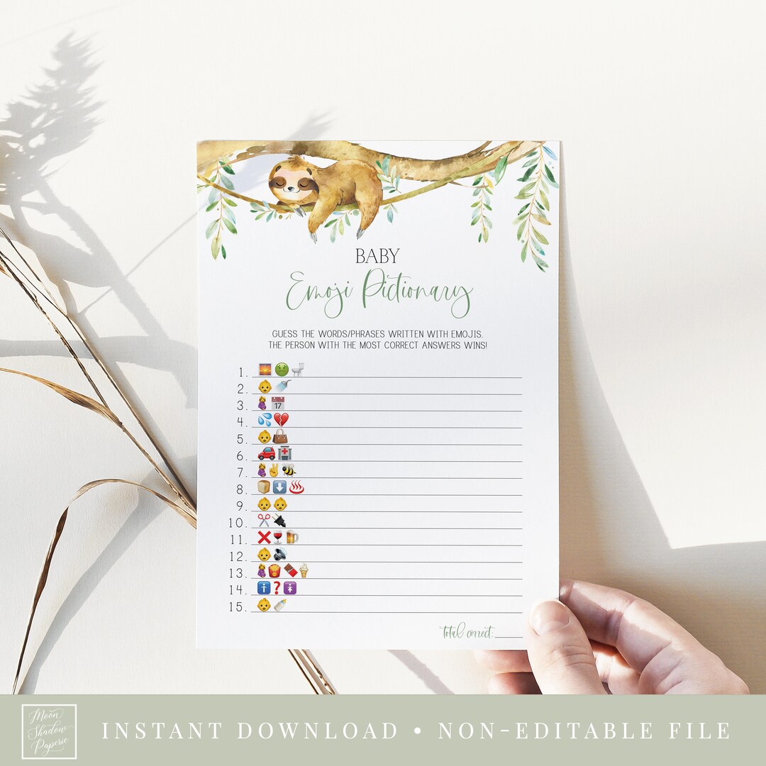 Baby Emoji Pictionary Game // Sloth Baby Shower, Sloth Theme, Jungle ...