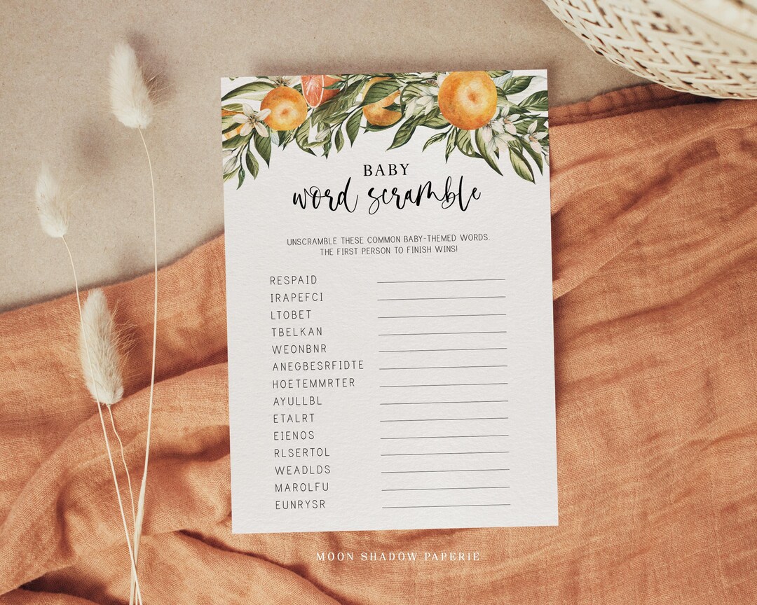 Baby Word Scramble Game // Citrus Baby Shower, Citrus, Orange, Baby ...