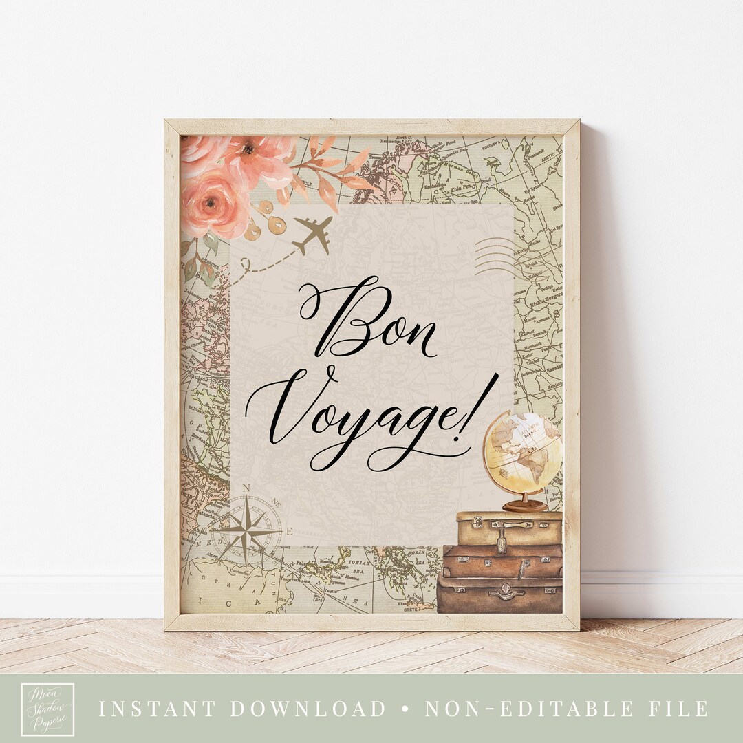 Bon Voyage Sign // Floral Travel Baby Shower Luggage Map - Etsy