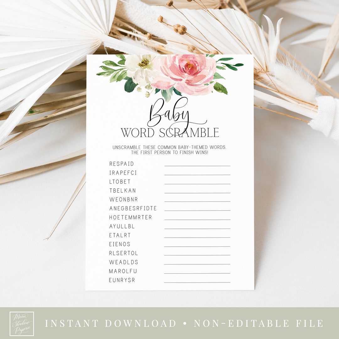 Baby Word Scramble Game // Blush Pink Floral, Baby Shower, Baby Girl ...