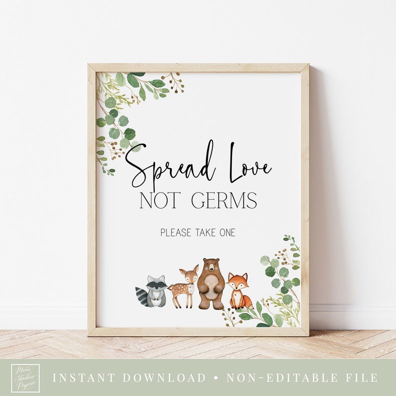 Spread Love Not Germs Sign // Woodland Baby Shower, Woodland Animals ...