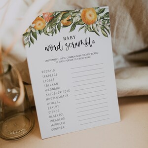 Baby Word Scramble Game // Citrus Baby Shower, Citrus, Orange, Baby ...