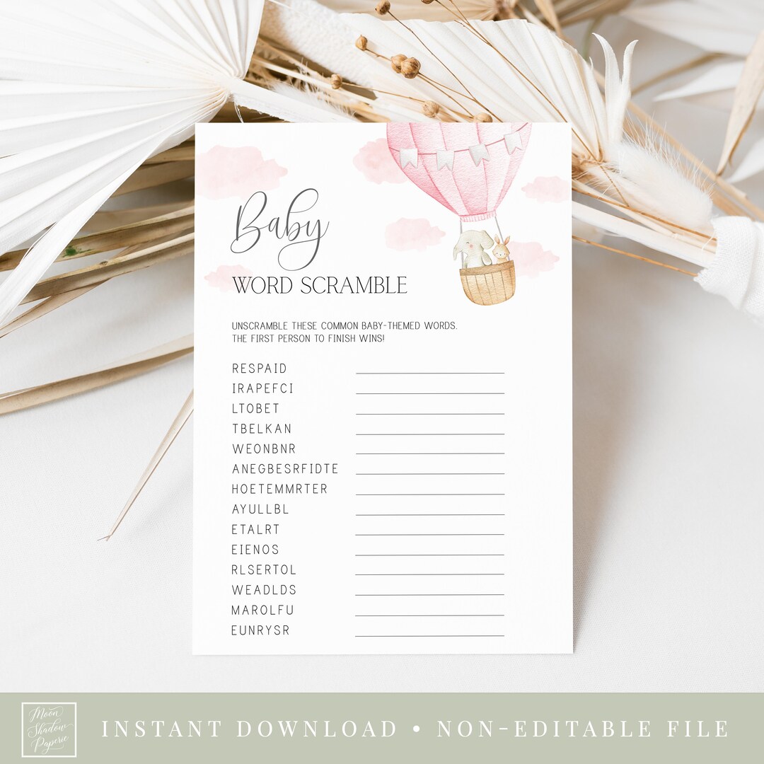 Baby Word Scramble Game // Pink Hot Air Balloon Baby Shower, up up and ...