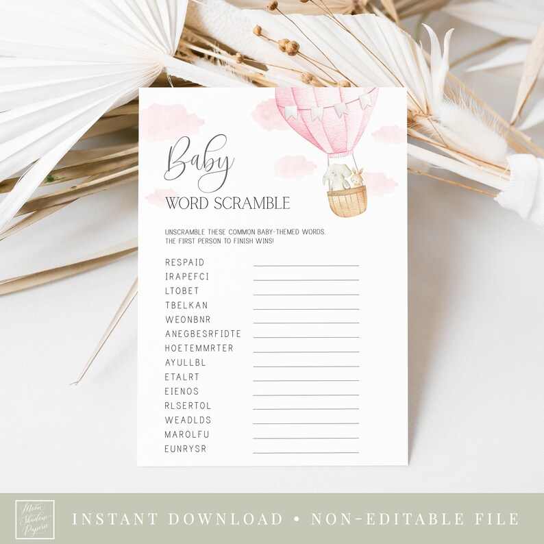 Baby Word Scramble Game // Pink Hot Air Balloon Baby Shower - Etsy