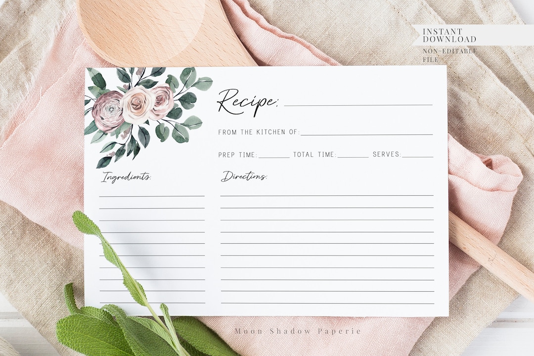 Printable Recipe Card // Floral Recipe Card, Roses, Pink Floral ...