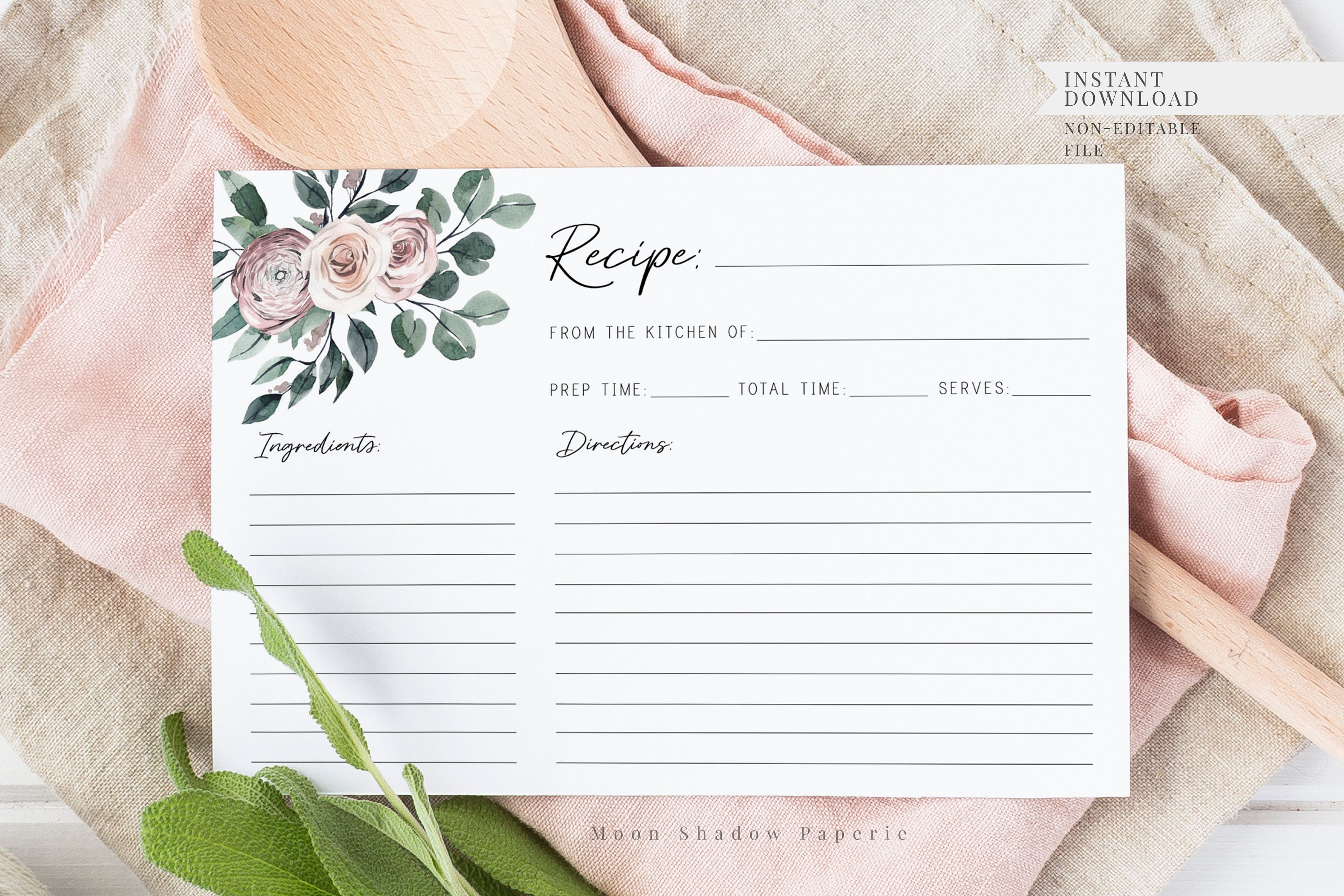 Printable Recipe Card // Floral Recipe Card, Roses, Pink Floral ...