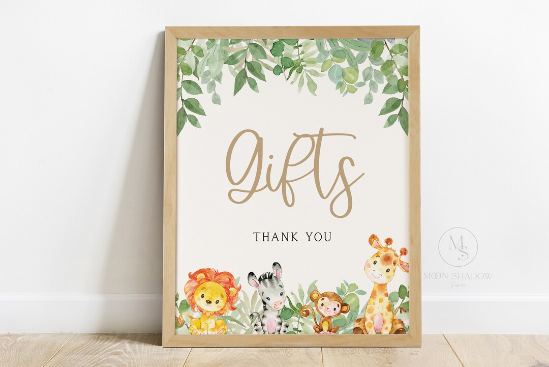 Gifts Table Sign // Jungle Safari Animals, Watercolor Greenery, Baby ...