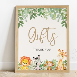 Gifts Table Sign // Jungle Safari Animals, Watercolor Greenery, Baby ...