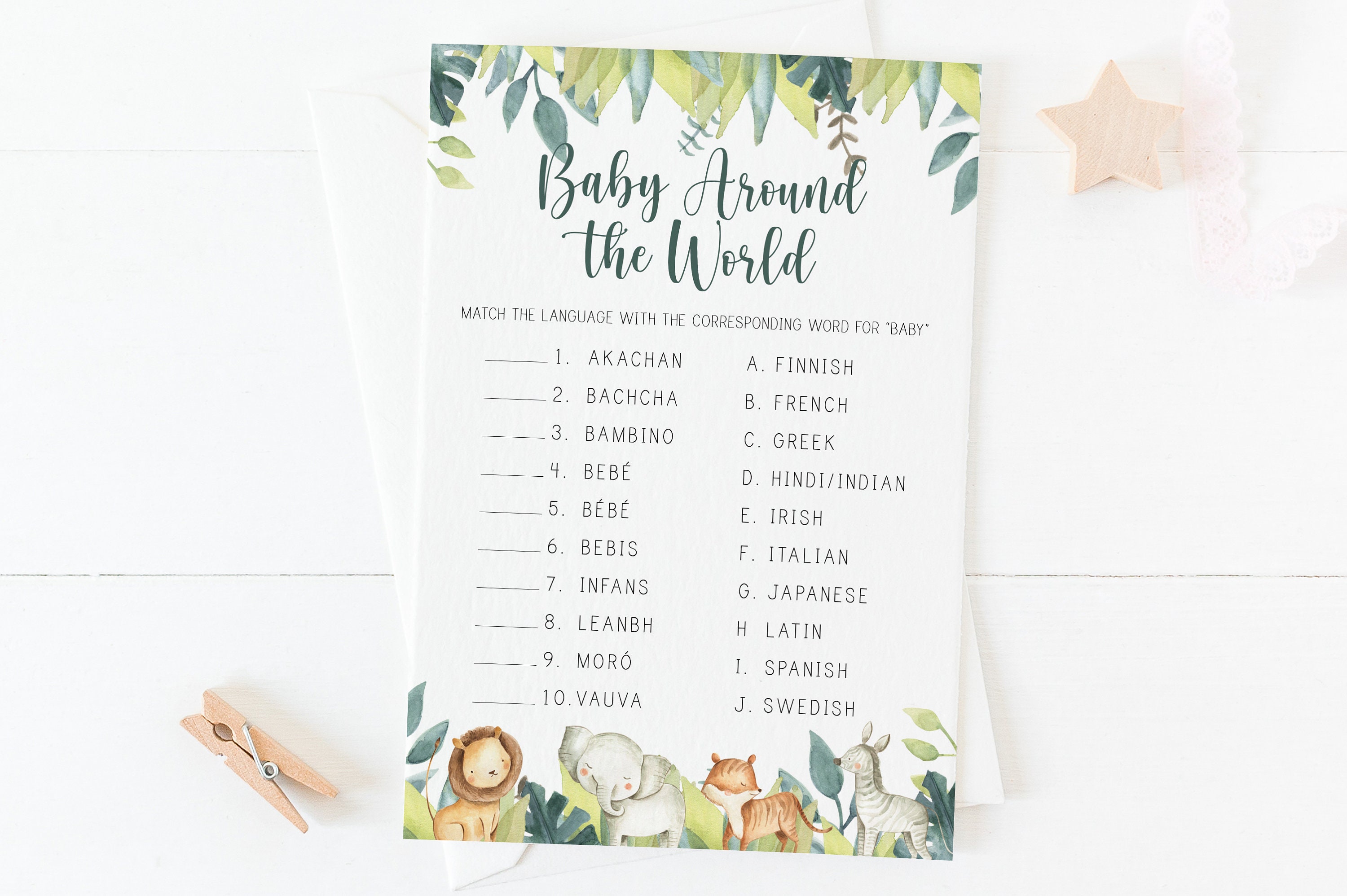 Baby Around the World Language Matching Game Card // Jungle - Etsy