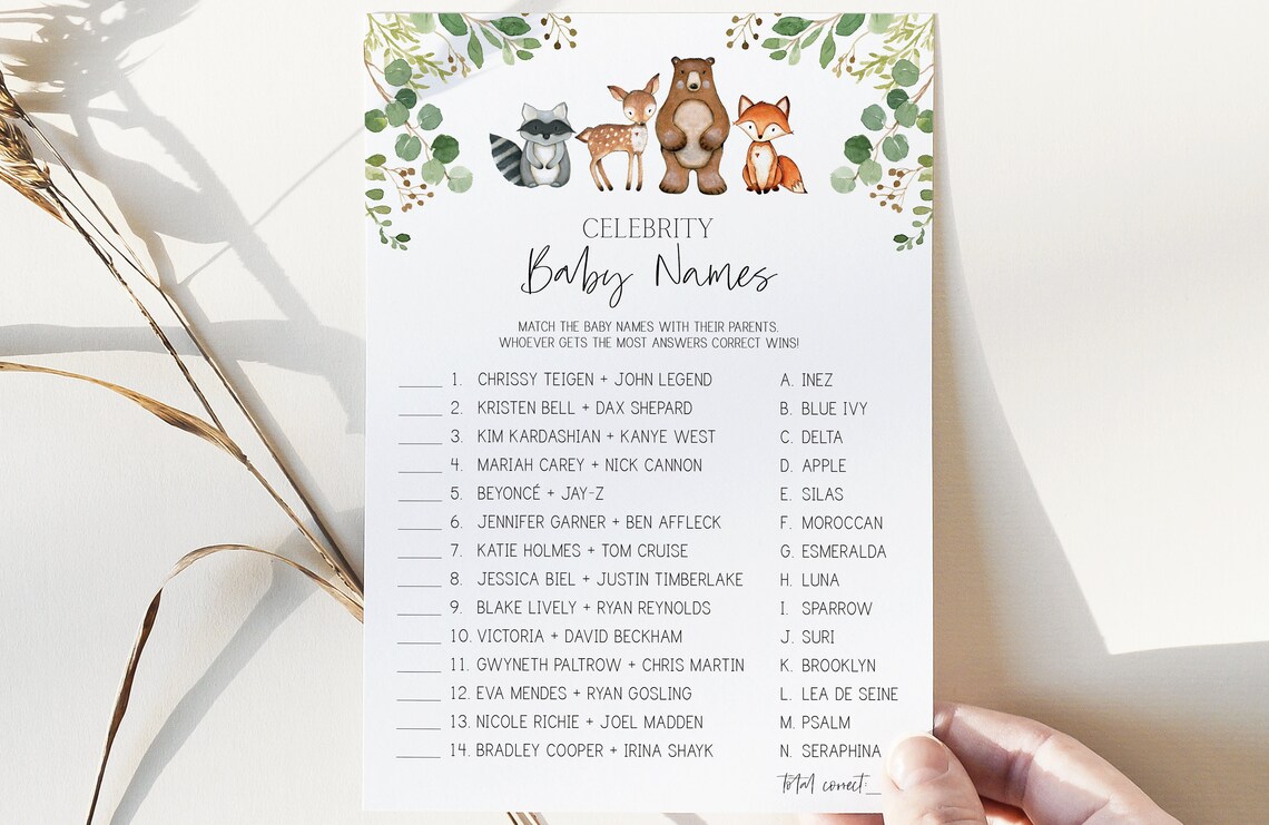 Celebrity baby names game // woodland baby shower woodland | Etsy