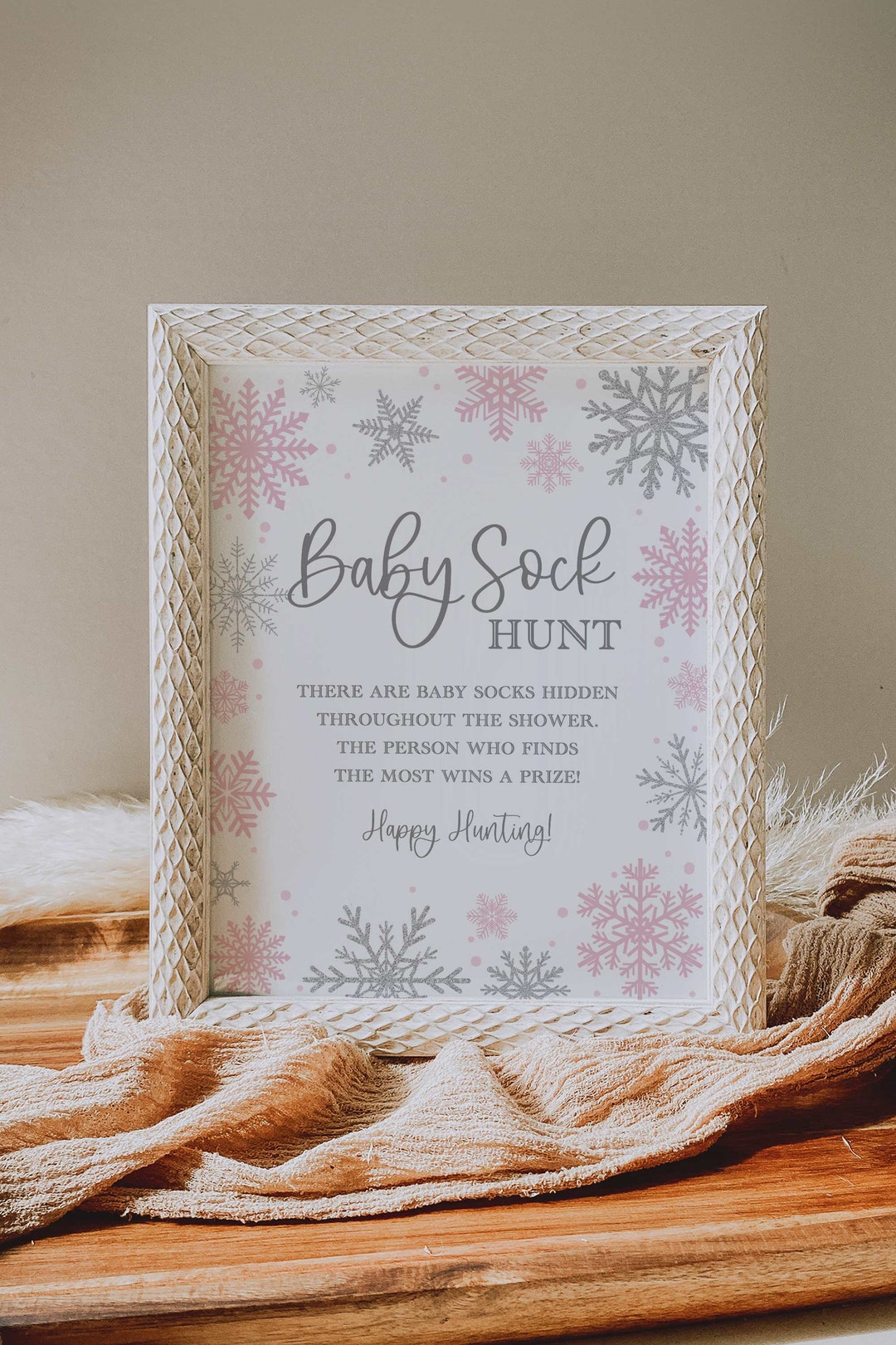 Baby Sock Hunt Sign // Winter Baby Shower, Snowflake, Blush Pink Silver ...