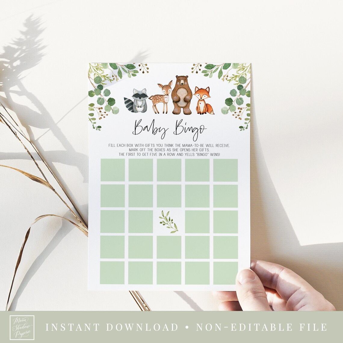Baby Bingo Game // Woodland Baby Shower, Woodland Animals, Watercolor ...