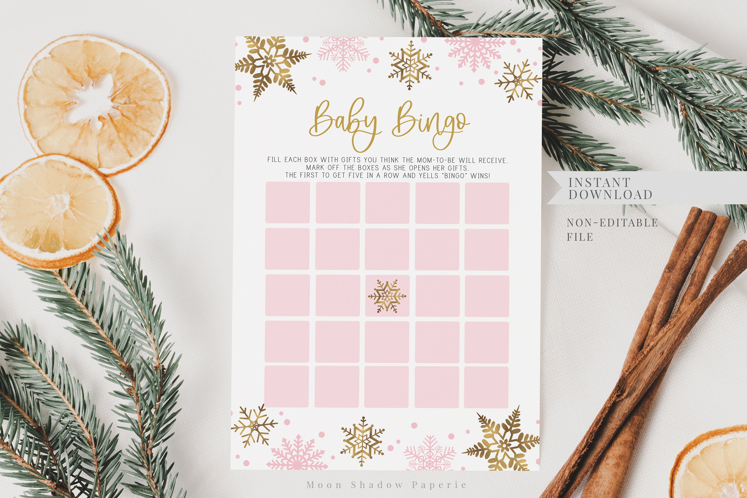 Baby Bingo Game // Winter Baby Shower, Snowflake, Blush Pink Gold, Snow ...