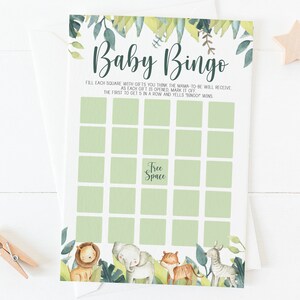 Baby Bingo Game Card // Jungle Animals, Safari, Watercolor Greenery ...