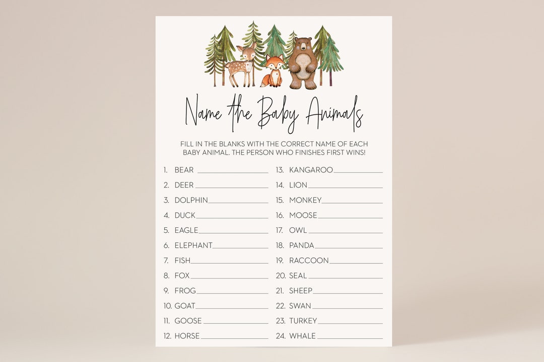Name the Baby Animals Game // Woodland Baby Shower, Woodland Animals ...