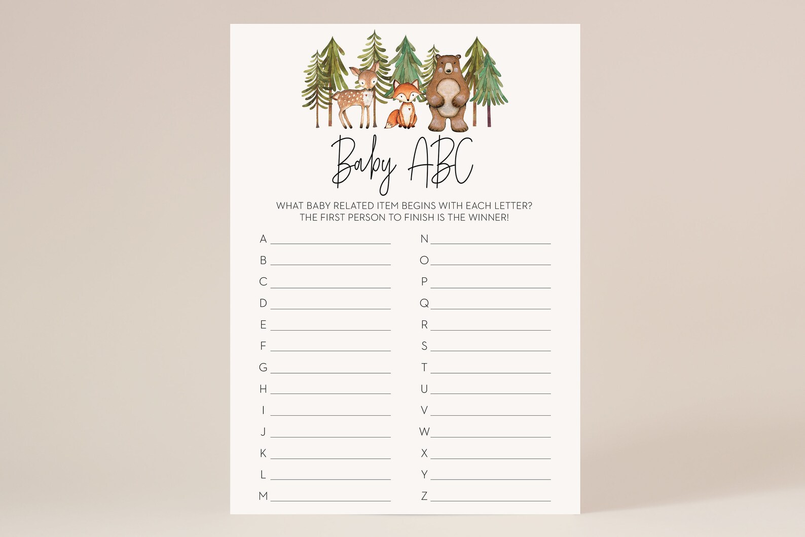 Baby Abc Game // Woodland Baby Shower, Woodland Animals, Gender Neutral ...