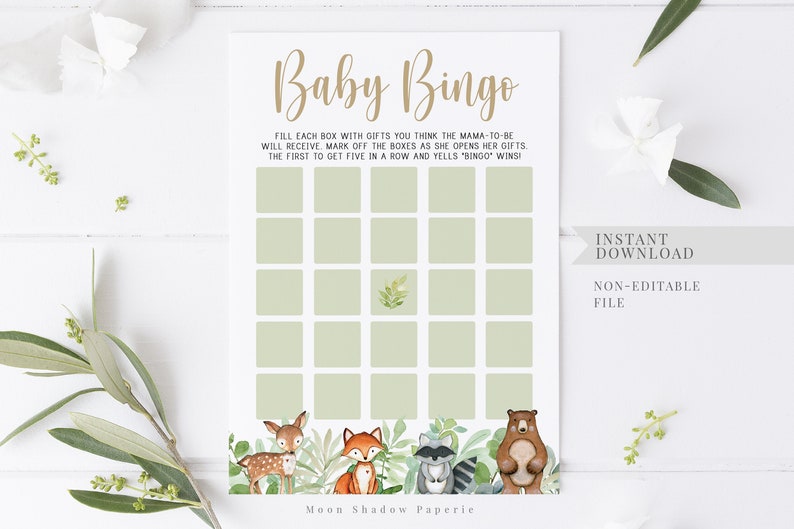 Baby Bingo Game Card // Woodland Animals, Woodland Theme, Watercolor ...