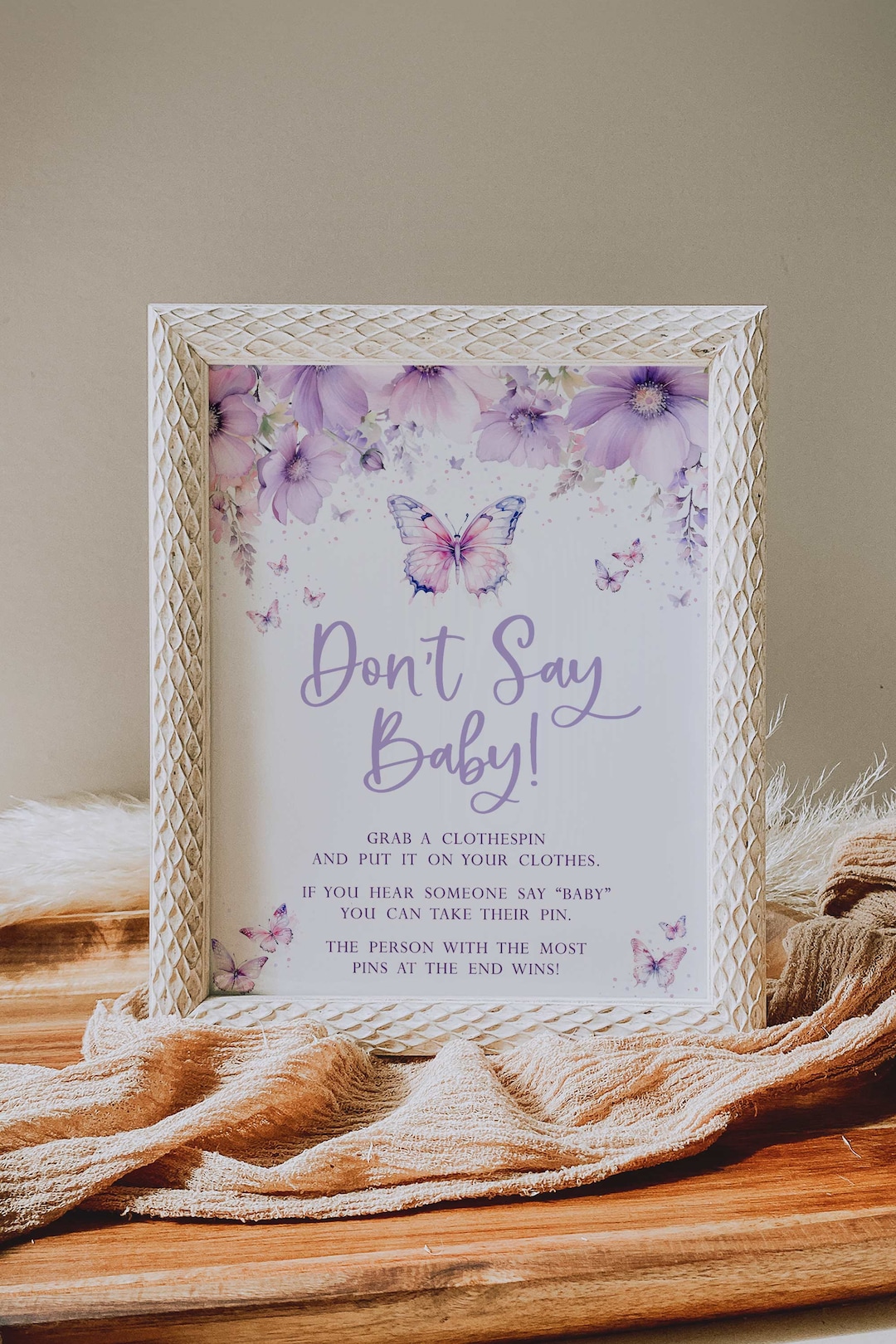 Printable Don't Say Baby Sign // Floral Lavender Butterfly, Baby Shower ...
