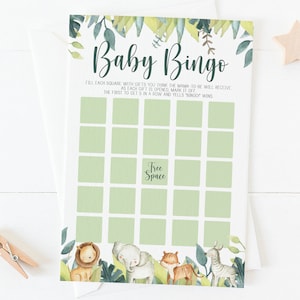Baby Bingo Game Card // Jungle Animals, Safari, Watercolor Greenery ...
