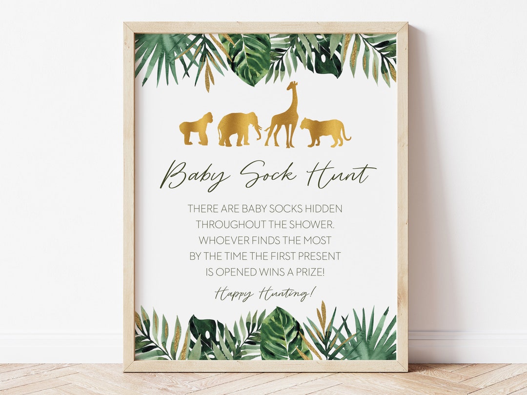 Baby Sock Hunt Game Sign // Jungle Baby Shower, Gold Foil, Jungle Theme ...