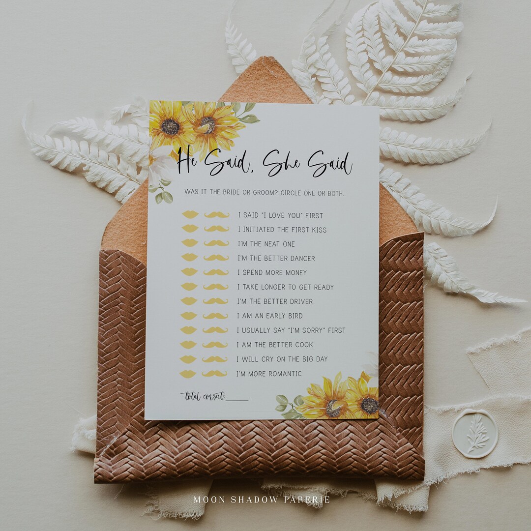 He Said She Said Game // Sunflower Bridal Shower, Wedding Shower ...