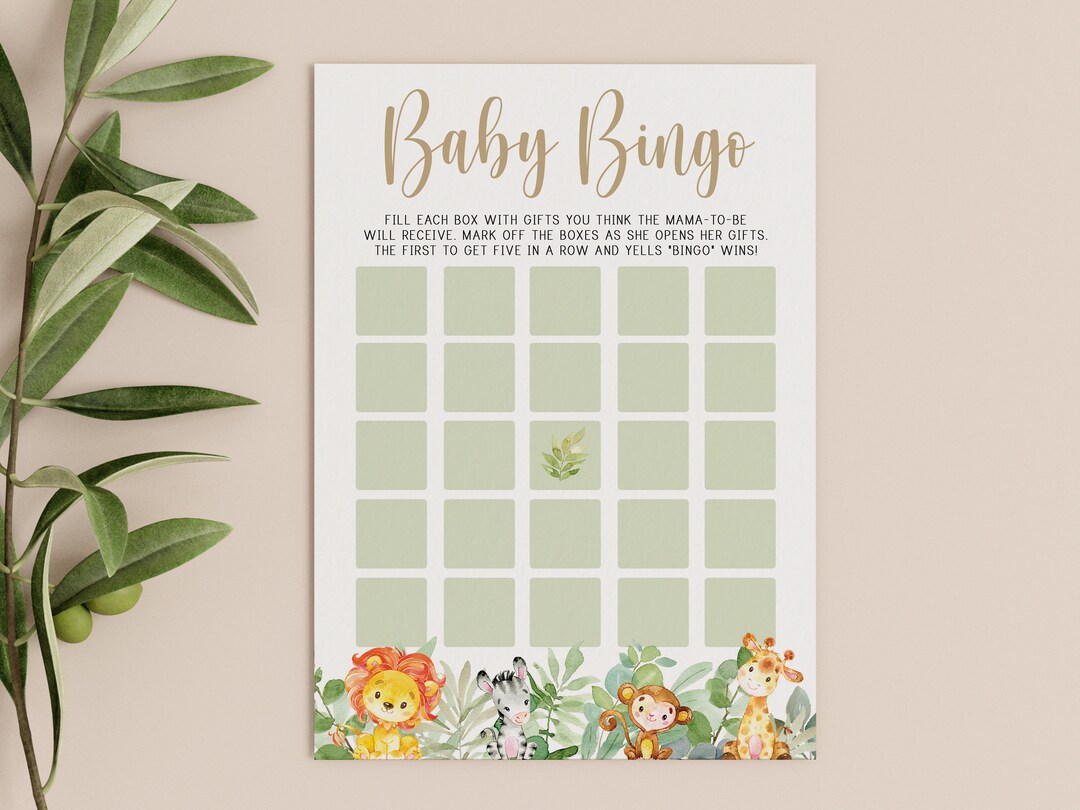 Baby Bingo Game Card // Jungle Safari Animals, Watercolor Greenery, Boy ...