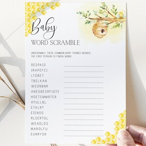Baby Word Scramble Game // Bee Baby Shower, Bee Theme, Gender Neutral ...