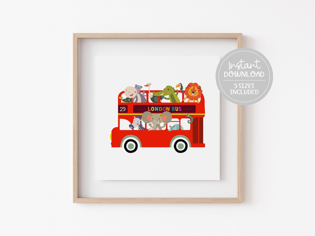 London Double Decker Jungle Animals Wall Print // London Red Bus ...