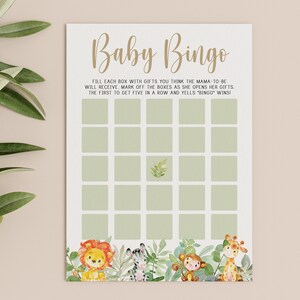 Baby Bingo Game Card // Jungle Safari Animals, Watercolor Greenery, Boy ...