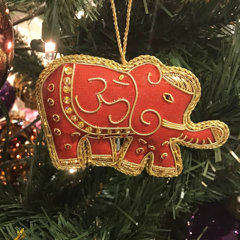 Hindu Om Elephant Holiday Ornament - Silk With Zari Embroidery - Etsy