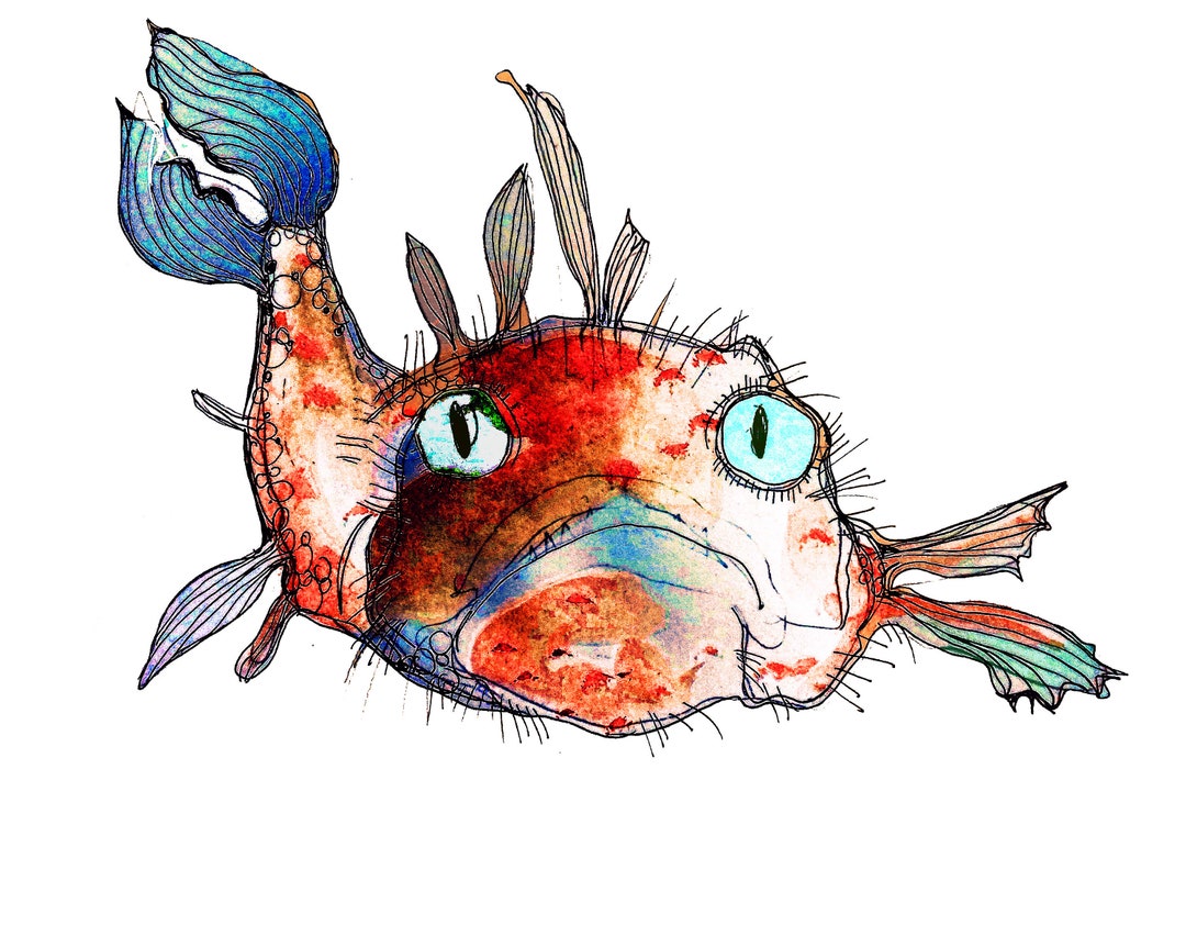 Original Art Fish, Sea Creature Art, Pen and Ink, Fish Wall Art, Grumpy ...