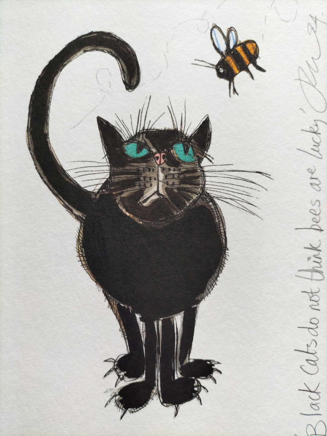 Black Cat Art, Pen and Ink, Cat and Bee, Cat Illustration, Bee ...