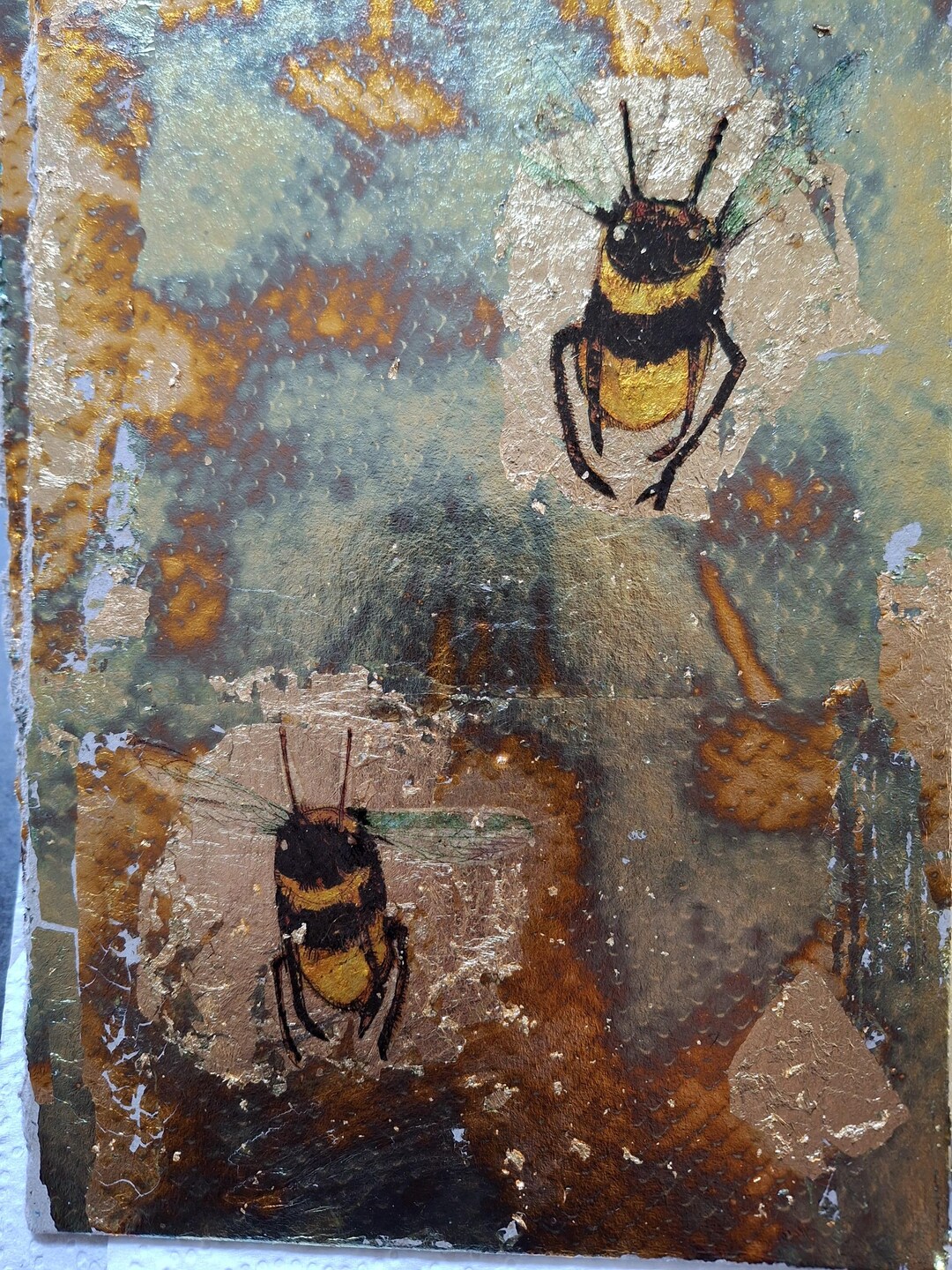 Gold Leaf Art, Bees Art, Variegated Gold Leaf, Encaustic Art, Original ...