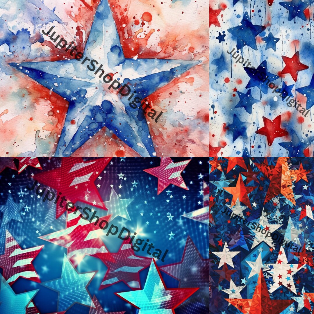 Patriotic Star Backgrounds, 4th of July Digital Paper Bundle, Red White ...