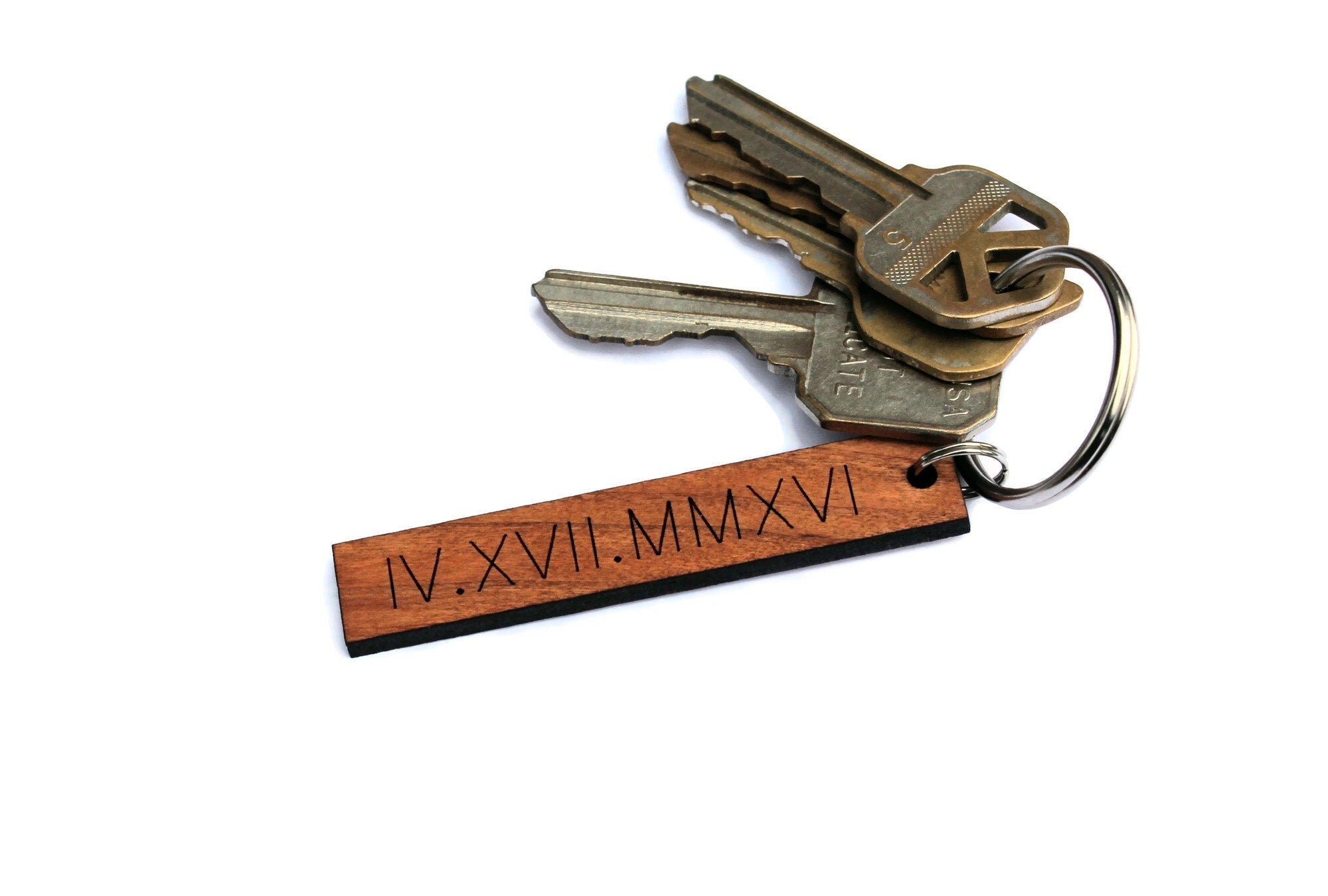 Personalized Roman Numerals Keychain - Custom Engraved Wood Keyring ...