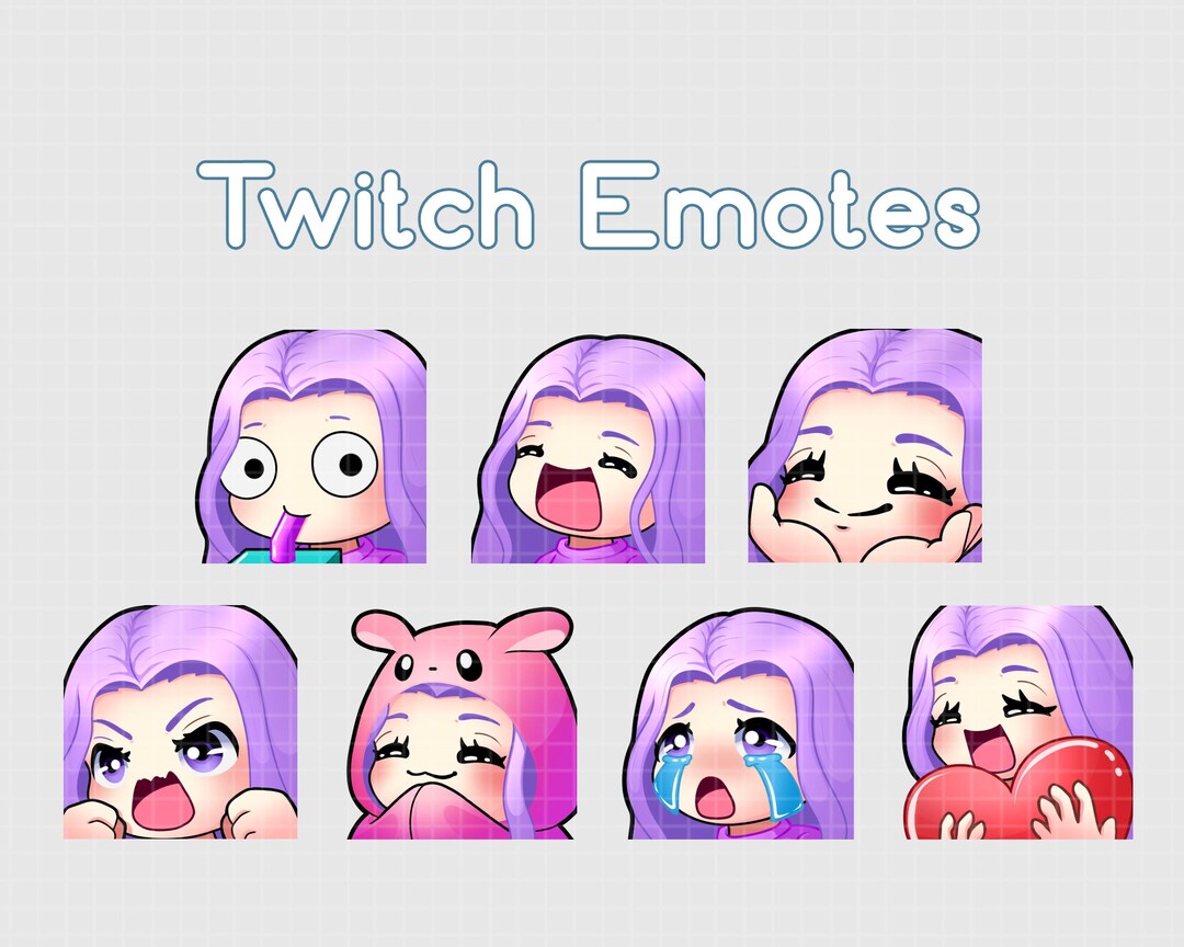 Cute Purple Hair Girl Twitch Emote Pack | Cute | Chibi Girl | Pastel ...