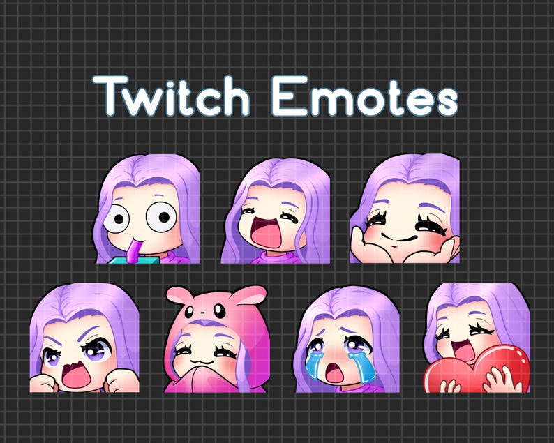 Cute Purple Hair Girl Twitch Emote Pack | Cute | Chibi Girl | Pastel ...