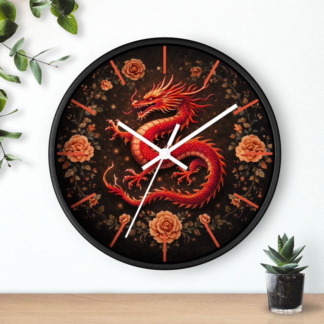 Red Chinese Dragon Wall Clock | Floral Rosette Timepiece - Etsy
