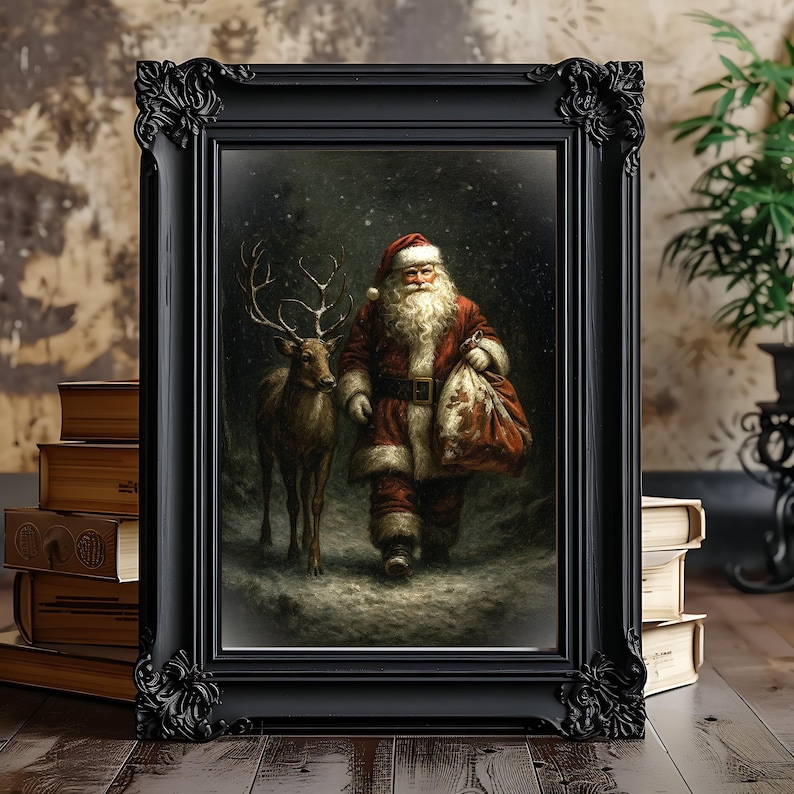 Vintage Santa & Reindeer Christmas Art Print — Classic Holiday Digital ...