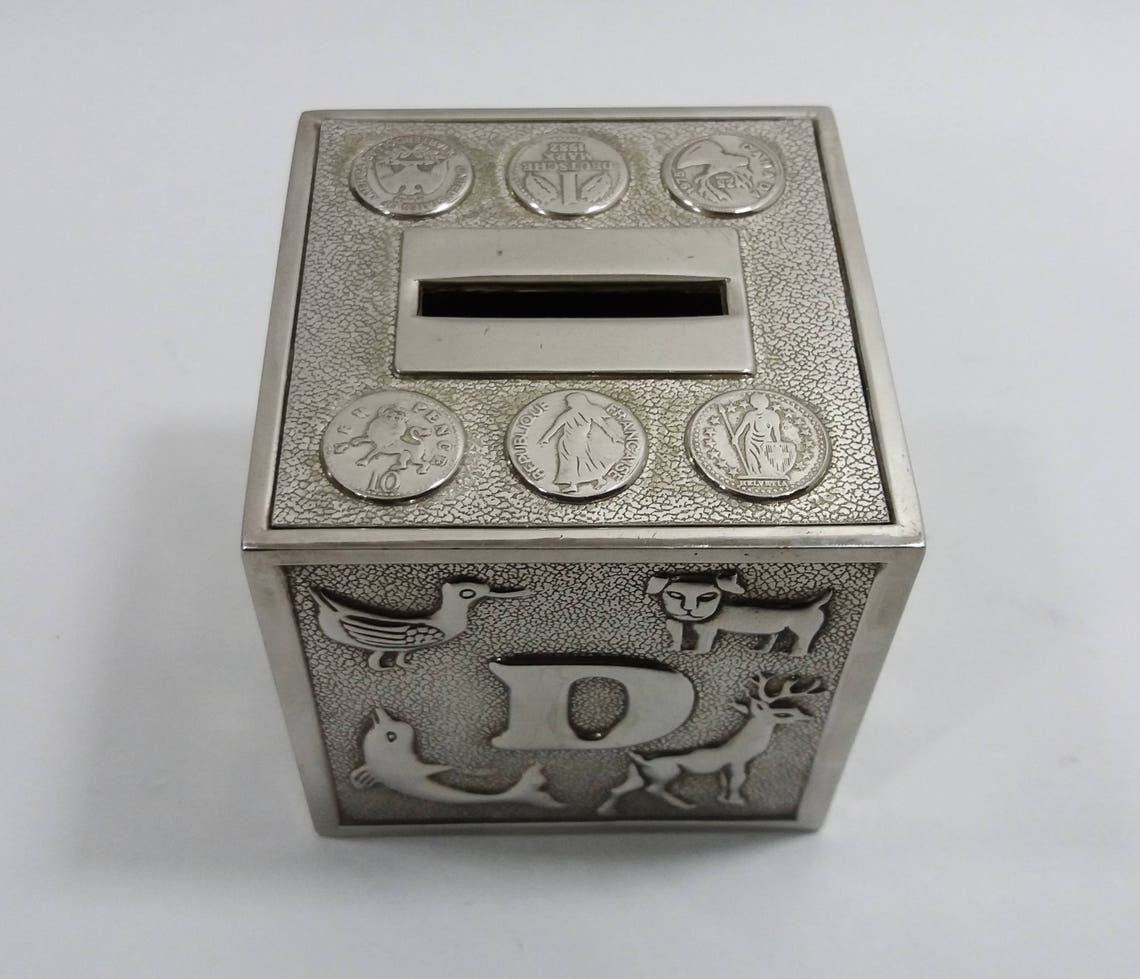 Vintage Chrome Metal Child's Brick Alphabet Money Box, Retro Metal Cube ...