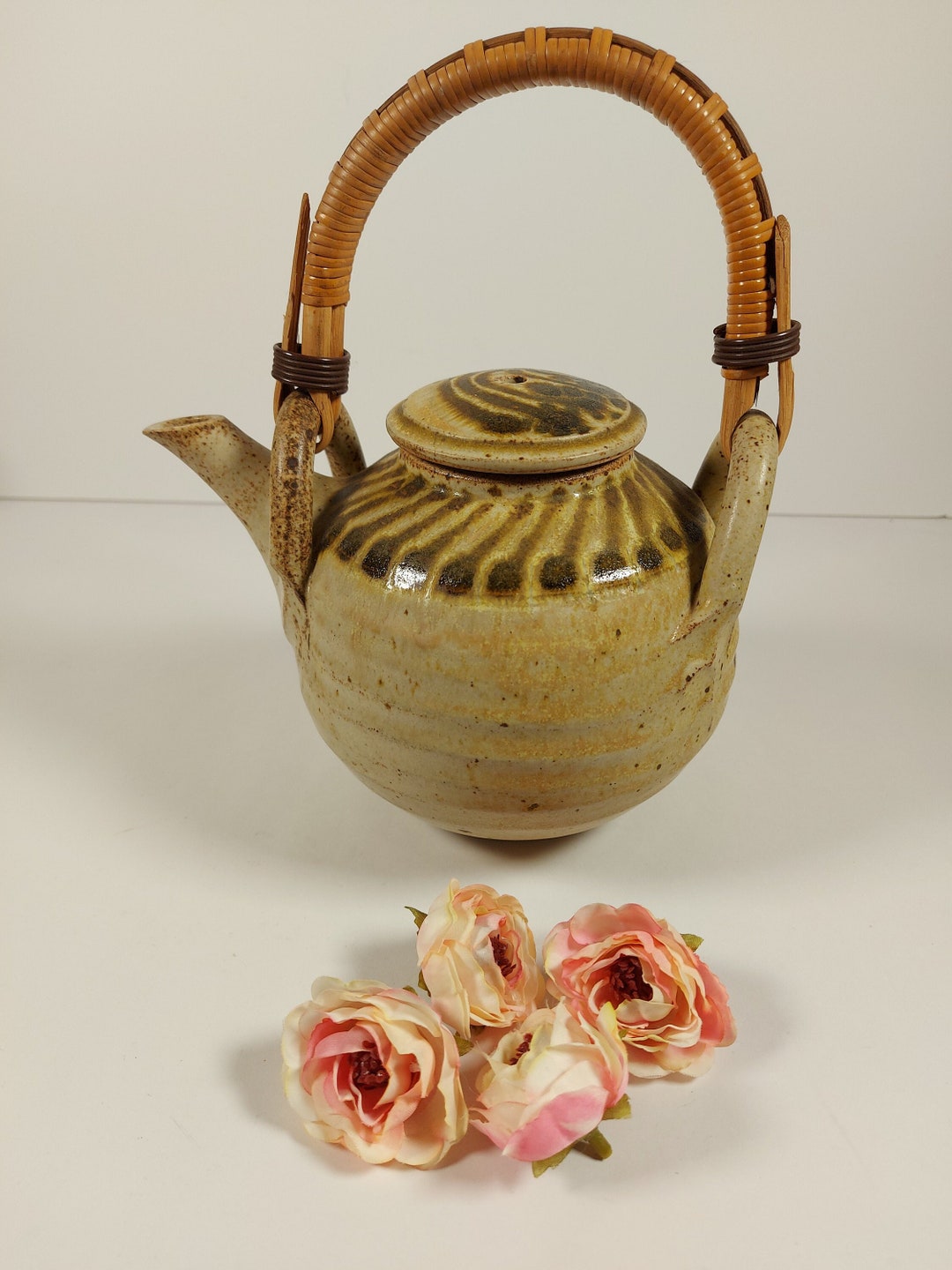 Vintage Stoneware Studio Pottery Teapot With Swirl Design & Cane/bamboo ...