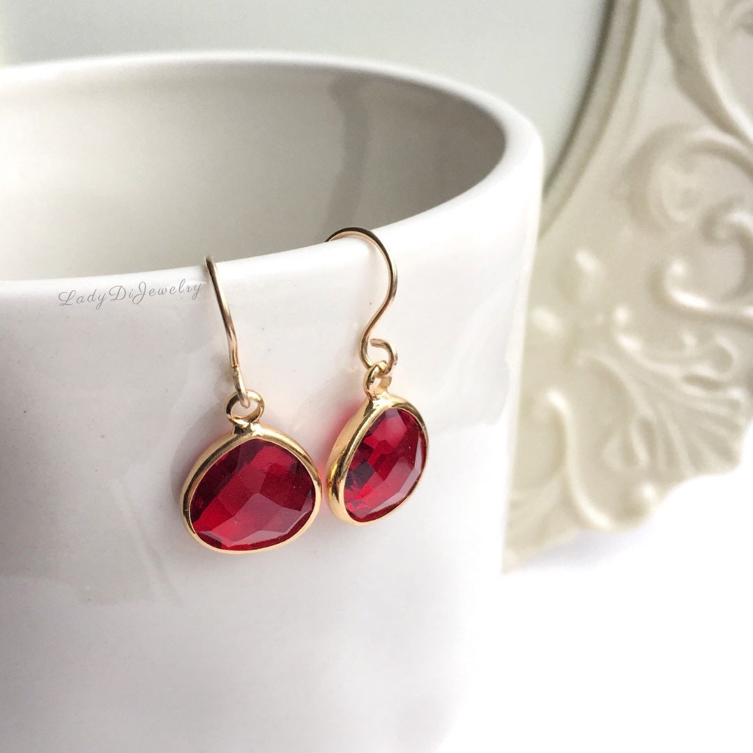 Ruby Red Dangle Earrings /siam July Birthstone Birthday Drop /14K Gold ...