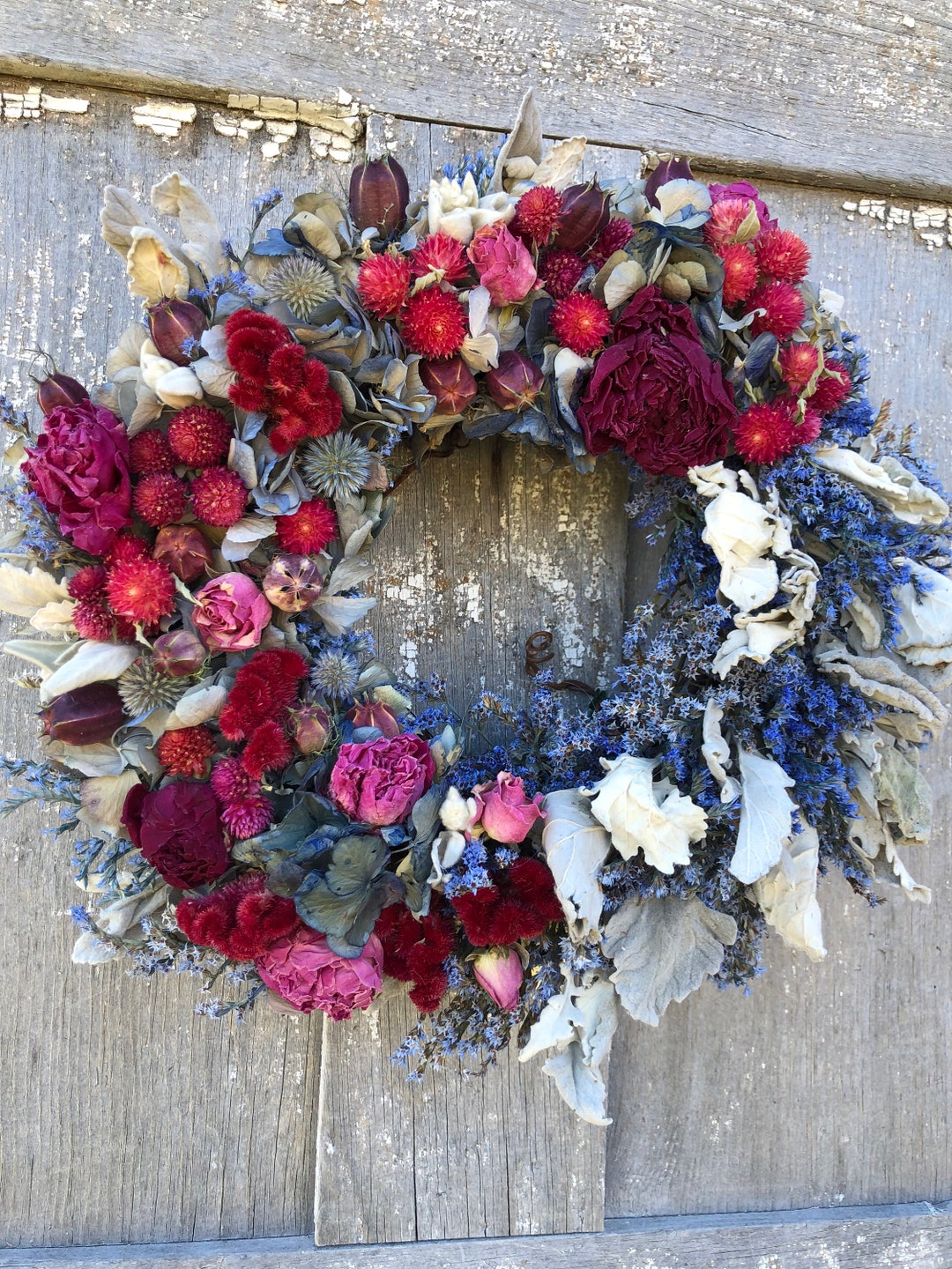 Dried Flower Wreath, Hydrangea Wreath, German Statice Wreath,blue Dried ...
